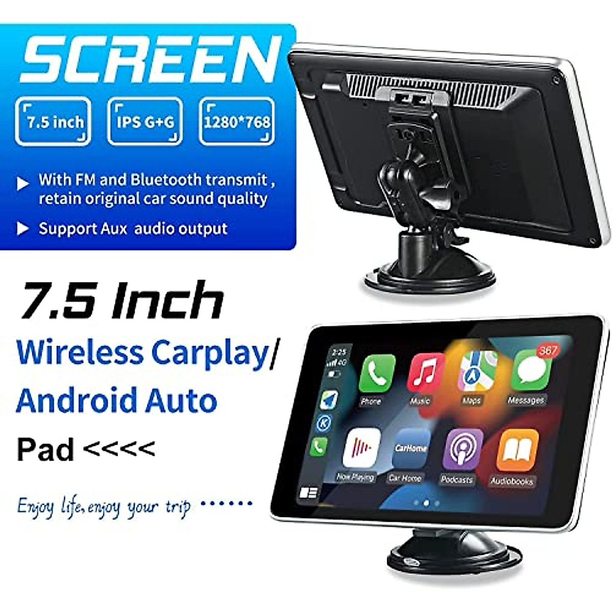 Wireless Portable Car Stereo with Rear Camera Dash or Windshield Mounted 7.5” IPS Touchscreen Car Receiver Compatible with Apple Carplay/Android Auto，Bluetooth，Mirror Link，Google，Siri Assistant