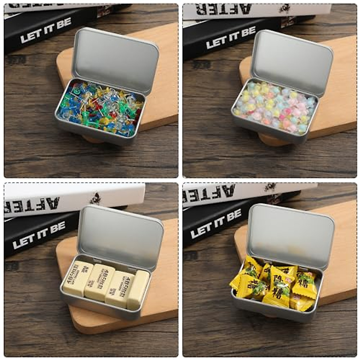 Gjinxi 4 Pcs Tin Box Containers, 3.7 x 2.4 x 0.7 Inch Mini Portable Small Storage Container Kit with Hinge Lids, Metal Box for Home Storage, Organizer Small Tin Box (Silver)