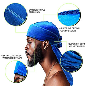 LEADUWAY 6Pcs Velvet Durag with 1 Wave Cap for 360 Waves Doo Rag(Purple, Red, Black, Pink, Yellow, Blue)