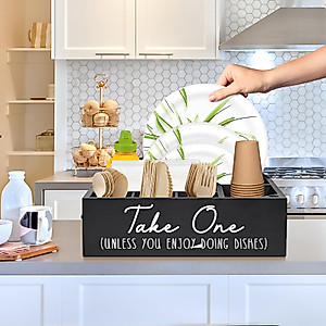 Paper Plate Holder, Paper Plate Dispenser for Kitchen Counter, Wood Cutlery Flatware Organizer Box for Party, Picnic BBQ, Wood Silverware Holder Utensil Caddy for Plate, Cup, Fork, Spoon Napkin(Black)