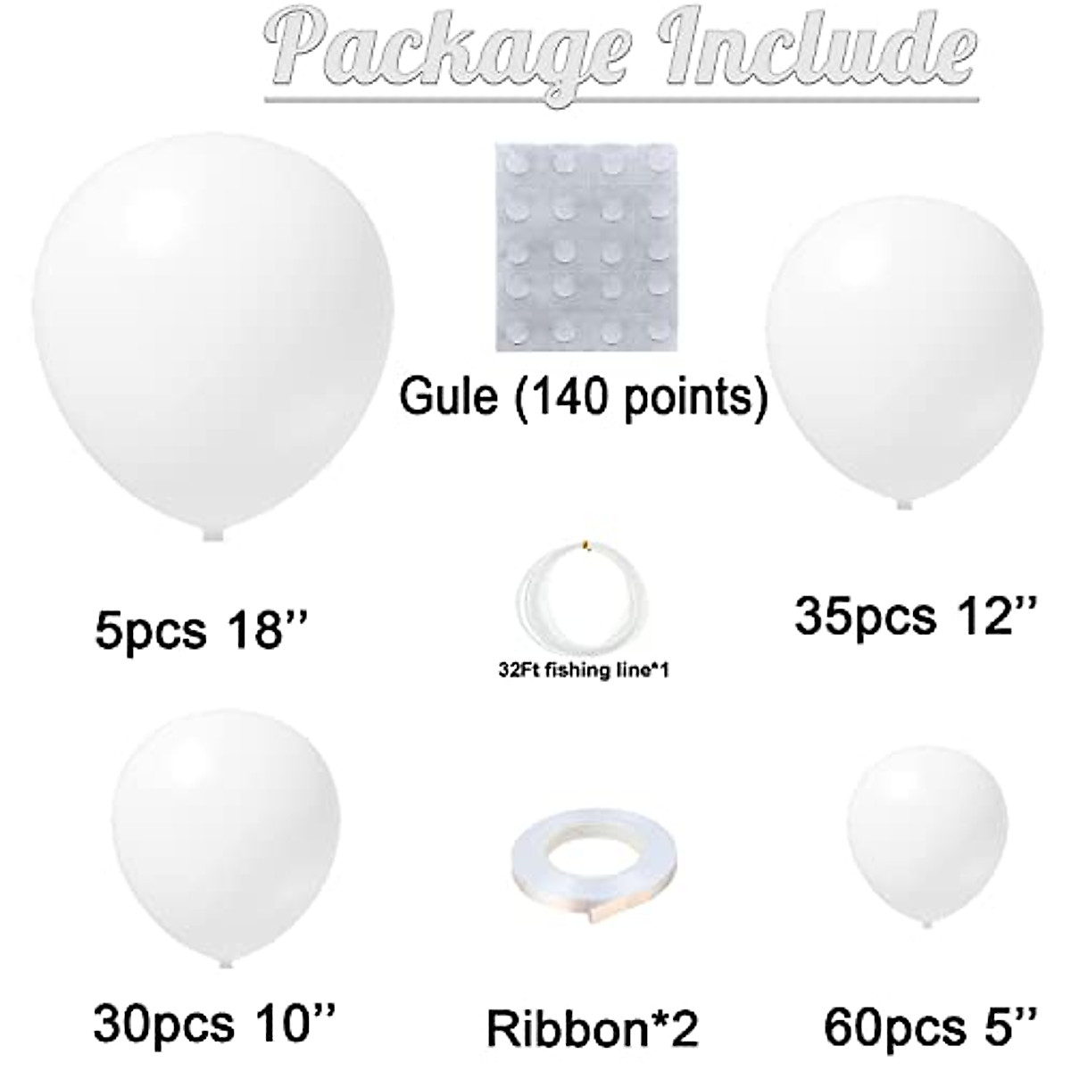 Bonropin White Balloons 130pcs White Balloon Garland Arch Kit 5/10/12/18 Inch Different Sizes White Matte Latex Balloons for Wedding Graduation Birthday Party Baby Shower Anniversary Decorations