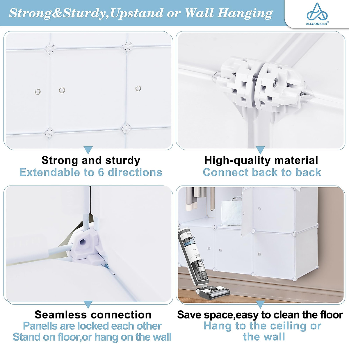 ALLGONICER DIY Assemble Wardrobe Closets, Clothes Dresser Storage Organizer,14"x18" Depth Cubes, Floor-Standing or Wall-Hanging, Sturdy and Weight Bearing with Patented Buckles. (2x4Cubes, White)