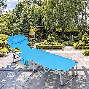 GYMAX Tanning Chair, Folding Beach Lounger with Face Arm Hole, Adjustable Backrest,Side Pocket, Removable Pillow & Carry Handle, Outside Sunbathing Lounge Chair for Patio, Poolside (1, Turquoise)