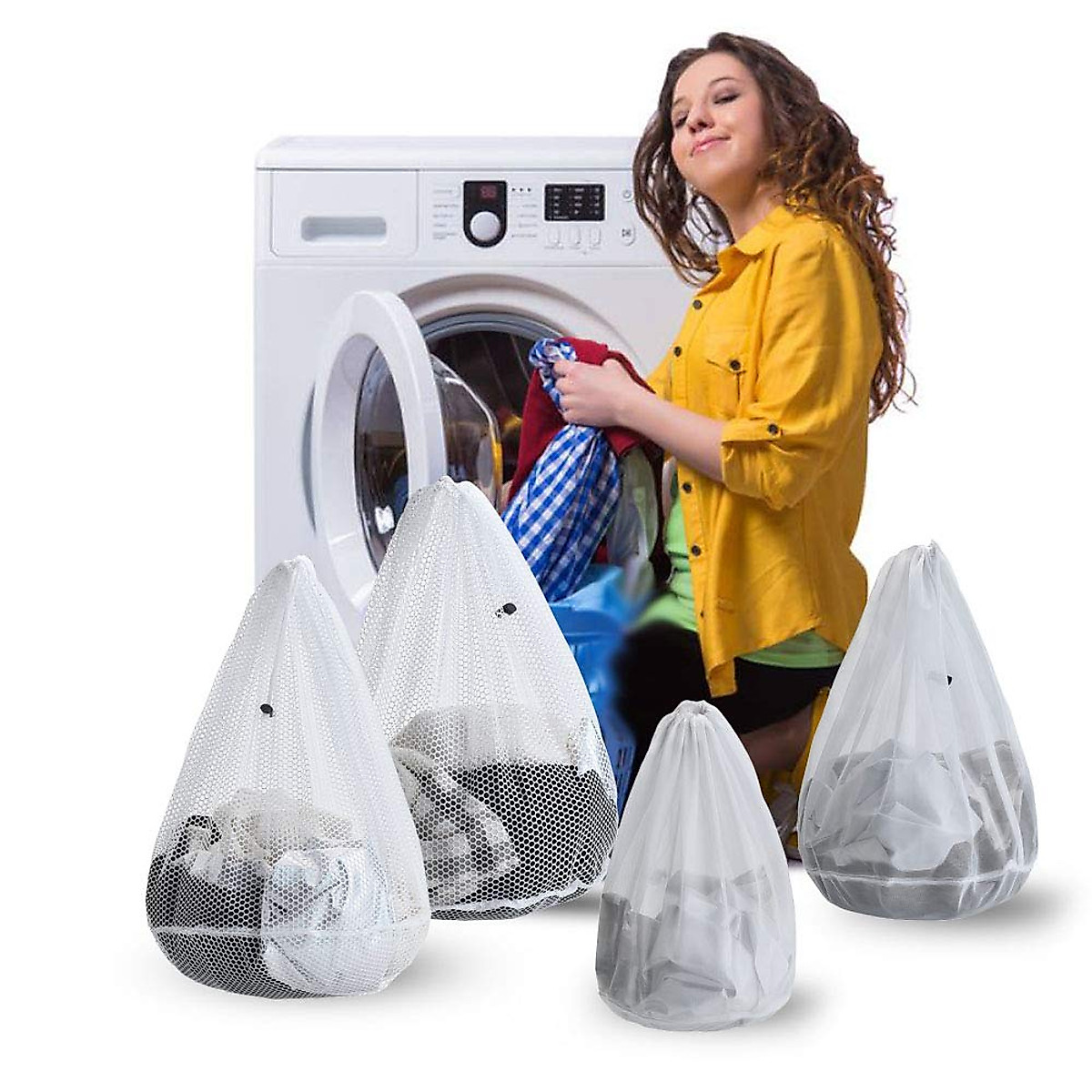 ARZASGO Mesh Laundry Bags, Pack of 4 Durable Drawstring Laundry Washing Bags for Delicates, Garments, Lingerie, Socks, Bras and Baby Clothes (Coarse&Fine Mesh)