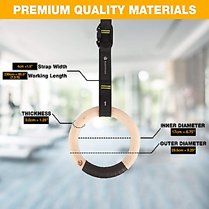 HARDYROAR Wood Gymnastic Rings - Gym Equipment for Crossfit, Body Training, Exercise and Workout - Easy Install Carabiners, Adjustable Number Straps, Non Slip Grip Tape Rings