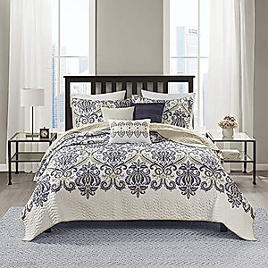 Madison Park Quilt Traditional Damask Design All Season, Lightweight Coverlet Bedspread Bedding Set, Matching Shams, Pillows, King/Cal King(104"x94"), Navy/White 6 Piece