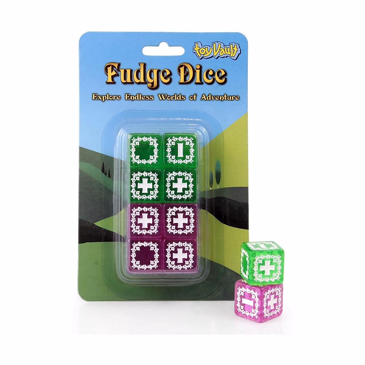 Toy Vault Fudge Dice (8-Piece Set); Role Playing Games Purple and Green RPG Customizable Dice