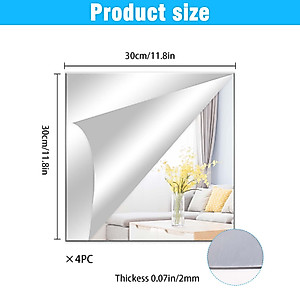 CEYAZYE 4PCS Full Body Mirror Stickers, 11.8'' x 11.8'' Acrylic Silver Wall Mirrors, 3D Square Wall Decor, DIY Self-Adhesive Art Sticker Decal for Living Room Bedroom Nursery and Playroom