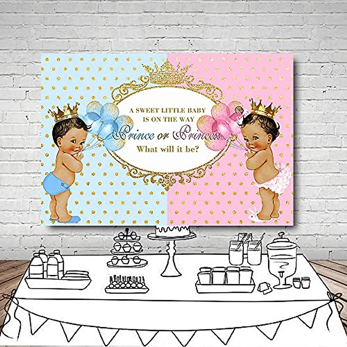 MEHOFOTO Royal Gender Reveal Party Photo Background Baby Shower Prince or Princess Pink or Blue Gold Polka Dots Balloons Decoration Photography Backdrops Banner for Dessert Table Supplies 7x5ft