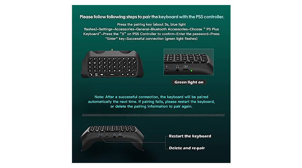 TiMOVO Green Backlight Keyboard for PS5 Controller, Wireless Bluetooth ...