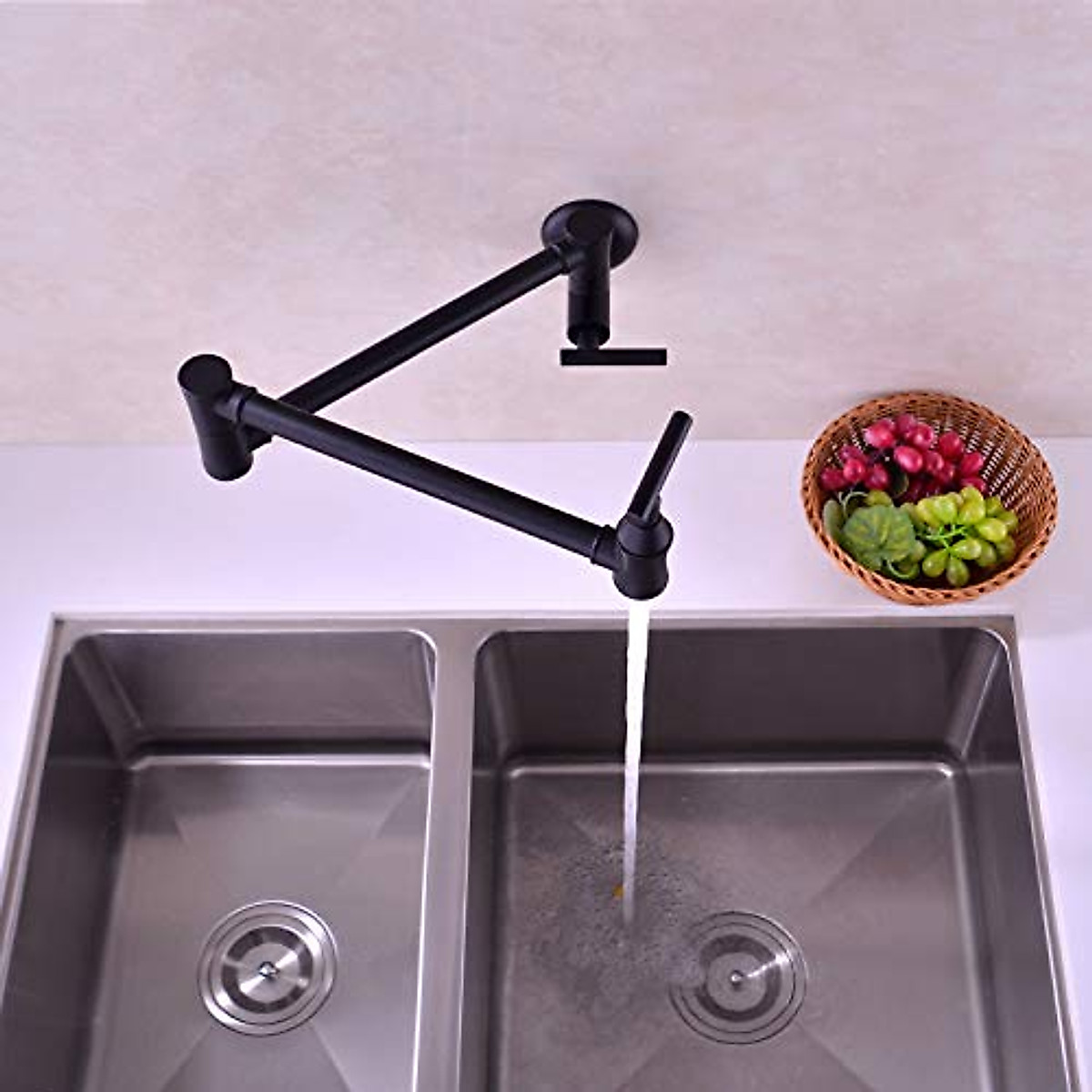 EKRTE Commercial Stainless Steel Pot Filler Faucet Folding Stretchable Double Joint Swing Arm Wall Mount Kitchen Faucet Single Hole Two Handle Kitchen Sink Faucet, Matte Black