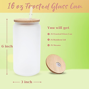 VEVELU 25 Pack Frosted Glass Cups with Lids and Straws 16oz Frosted Sublimation Glass Cups Can Blanks Tumbler Glass Sublimation Cups with Bamboo Lid Beer Can Glass Iced Coffee Cups Drinking Juice Jars