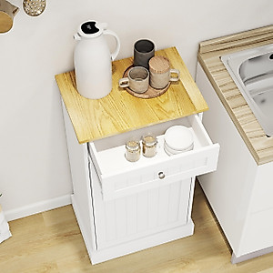 MiHunnor Wooden Simple style Kitchen Trash Cabinet, Wooden Frame with Drawers and Tilt-Out Trash Cabinet for 10 Gallon Trash Cans 19.69'' W x 13.78'' D x 35.43'' H (White-021)