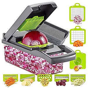 Ourokhome Vegetable Chopper, Onion Chopper, 12 in 1 Professional Mandoline Slicer for Kitchen, Multifunctional Food Chopper Cutter for Potato, Tomato, Veggie with 8 blades and Filter Basket (Gray)