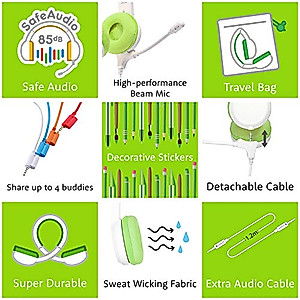 ONANOFF BuddyPhones School+ Safe Audio School Headphones for Kids, High-Performance BeamMic, Detachable BuddyCable, Anti-Allergic Earpad with Carry Bag, Green