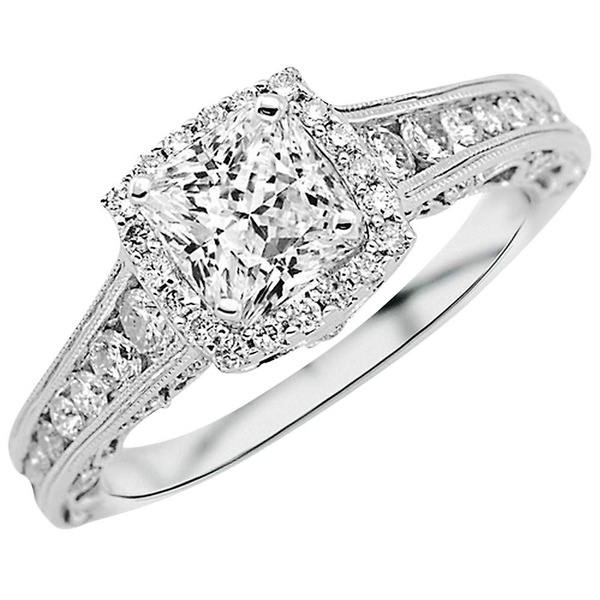 2.75 Carat 14K White Gold Vintage Halo Style Channel Set Round Brilliant Diamond Engagement Ring Milgrain with a 2 Carat Moissanite Center