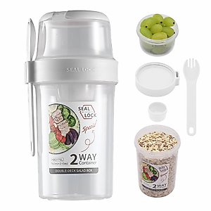 Daasigwaa Breakfast On The Go Cups, Salad Cup To Go, Take And Go Yogurt Cereal Overnight Oats Snack Parfait Containers & Salad Dressing Holder With Fork For Lunch, Fruit & Vegetable Jar(White,36.2oz)