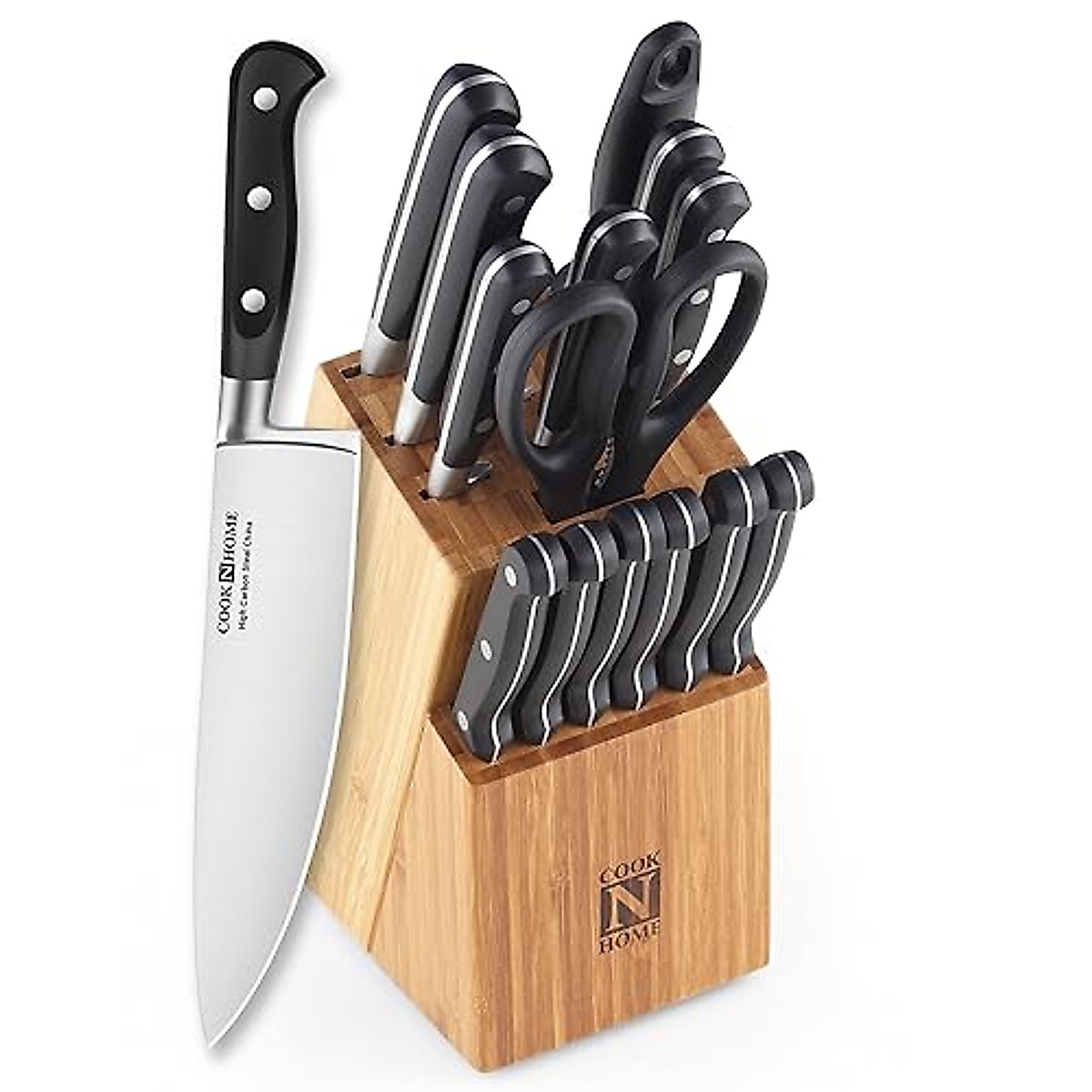 Cook N Home Kitchen Knife Set with Bamboo Storage Block 15-Piece, High Carbon Stainless Steel Blade, Black
