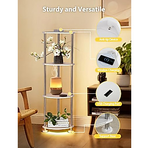HOPEDAMAI Floor Lamp with Shelves Height Adjustable RGB Tall Lamp with Music Sync, Charging Stationl, Dimmable and Timing LED Corner Standing Lamp for Bedroom White 4-Tier