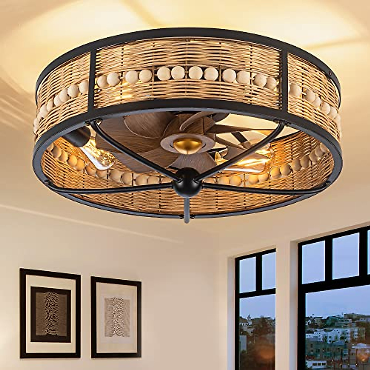 EKIZNSN Boho Caged Ceiling Fan with Light, 20 Inch Modern Boho Bladeless Ceiling Fan, Low Profile Flush Mount Ceiling Fans with Lights for Bedroom (5 E26 Bulbs Included)