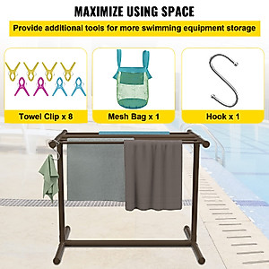 VEVOR Pool Towel Rack, 5 Bar, Brown, Freestanding Outdoor PVC T-Shape Poolside Storage Organizer, Include 8 Towel Clips, Mesh Bag, Hook, Also Stores Floats and Paddles, for Beach, Swimming Pool, Home