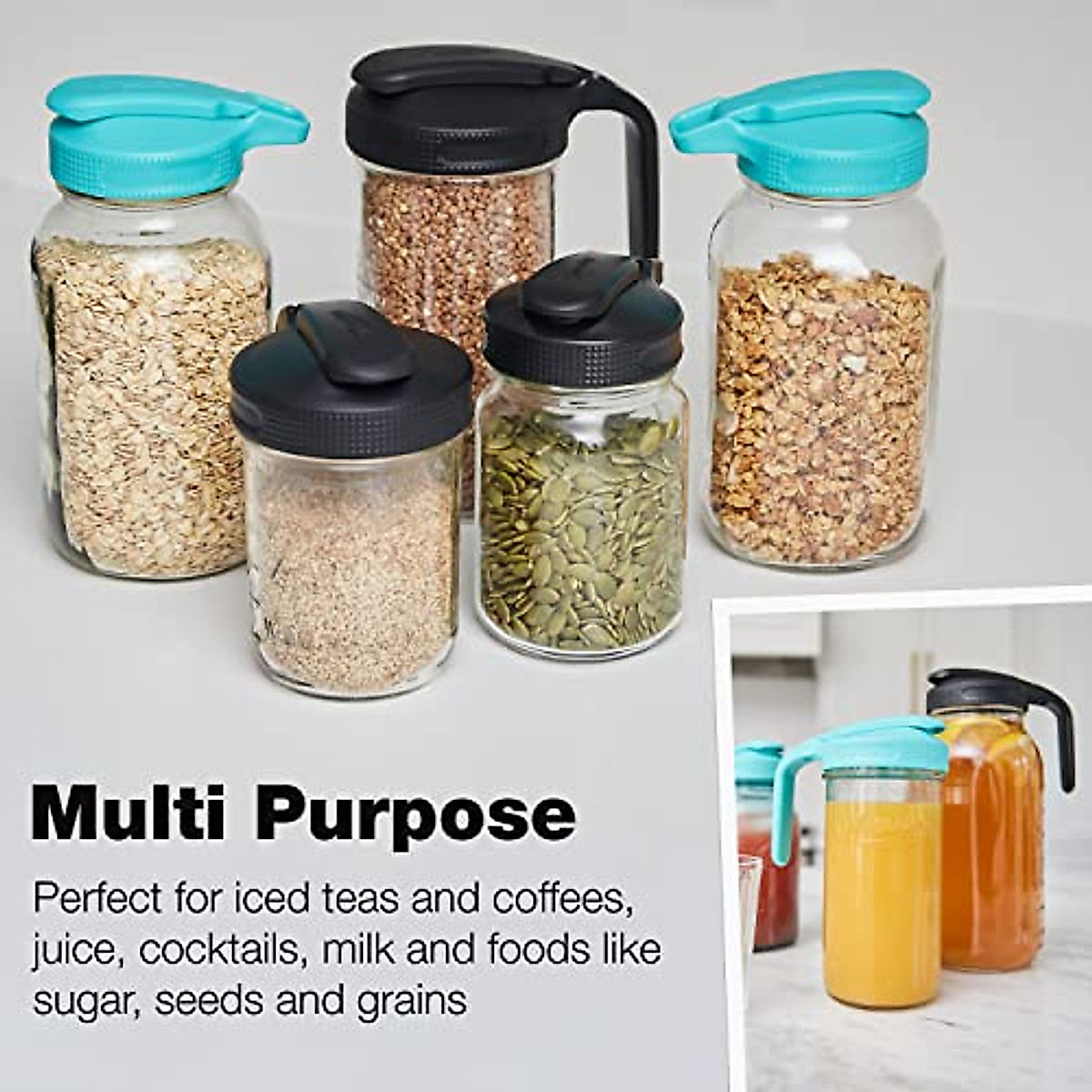 Masontops Multi Top Pitcher Set - Glass Pitcher With Lid & Spout - Elegant Sun Tea Jar - Cold Brew Mason Jar With Handle - 2 X 24 Ounce Wide Mouth Iced Coffee Bottle - Liquid & Food Storage Container