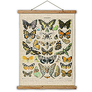 Vintage Butterflies Hanging Poster, Retro Style of Wall Art Prints, Printed on Linen with Wood Frames, Ready to Hang