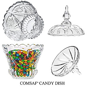 ComSaf Glass Candy Dish with Lid, Clear Large Covered Candy Bowl, Crystal Candy Jar for Home Kitchen Office Desk Christmas Gift
