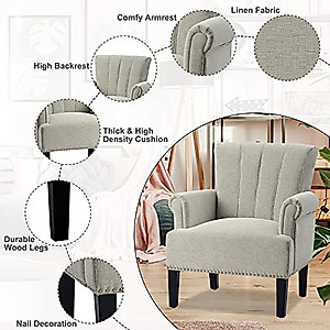 SSLine Upholstered Polyester Accent Chair,Mid Century Tufted Wingback Arm Chair with Roll Armrest and Wooden Legs,Comfy Single Sofa Club Chair for Living Room Bedroom Office Studio (Cream)