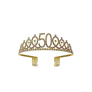 50th Birthday Decorations for Women，Gold 50 Birthday Crown Tiara ，Cake Topper, Birthday Sash with Peal Pin and Birthday Candles Kit,50th Birthday Gifts for Women