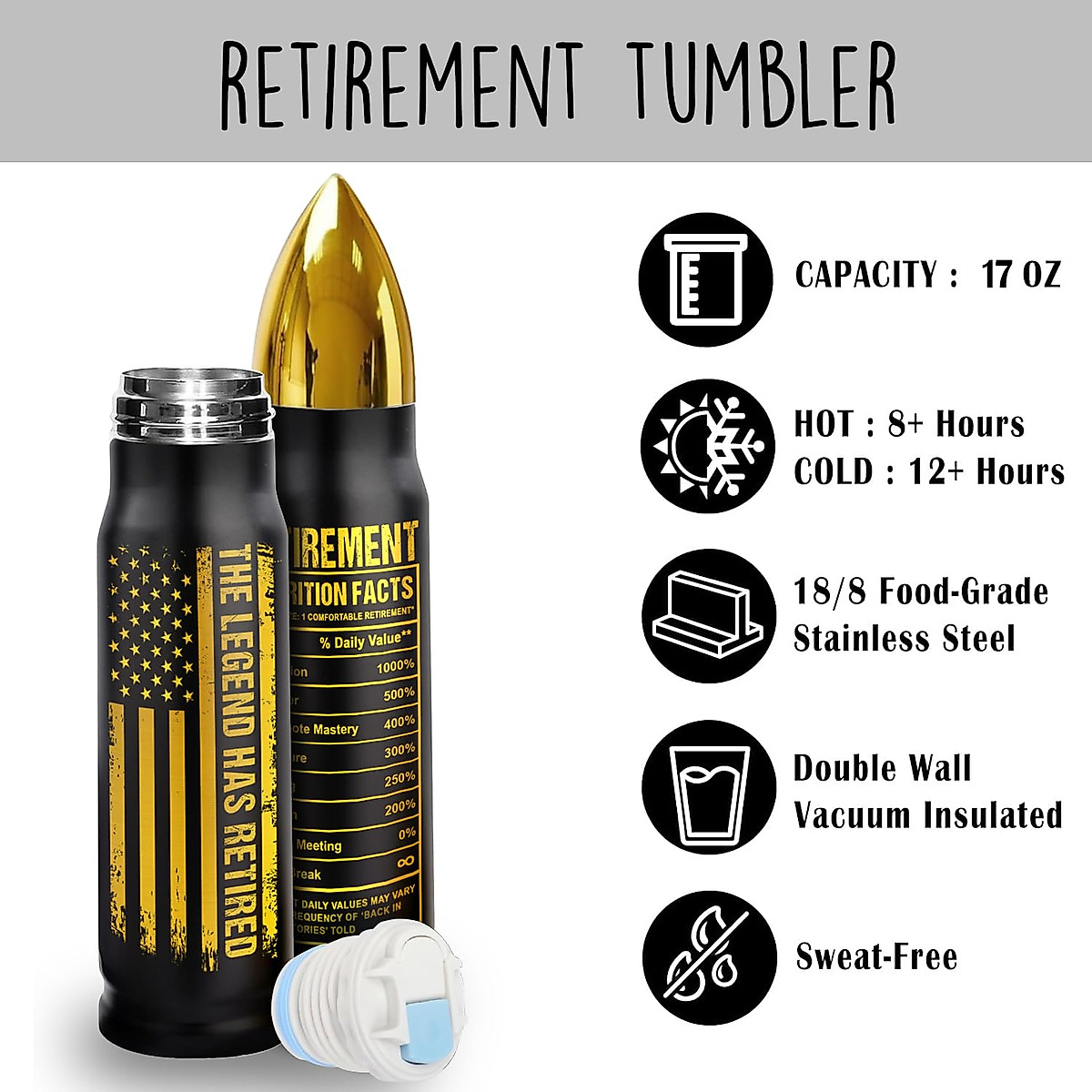 FROOBLEQUIRK Retirement Coffee Tumbler For Men Women, Retire Bullet Tumbler 17 Oz - Retired Coffee Cup Gifts For Coworkers Friends Boss Family, Birthday Christmas Gift For Retired Man Woman