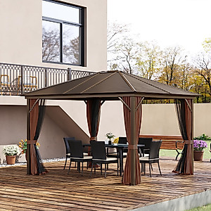 Outsunny 10' x 12' Hardtop Gazebo with Curtains and Netting, Permanent Pavilion Metal Single Roof Gazebo Canopy with Aluminum Frame and Hooks, for Garden, Patio, Backyard, Coffee Brown