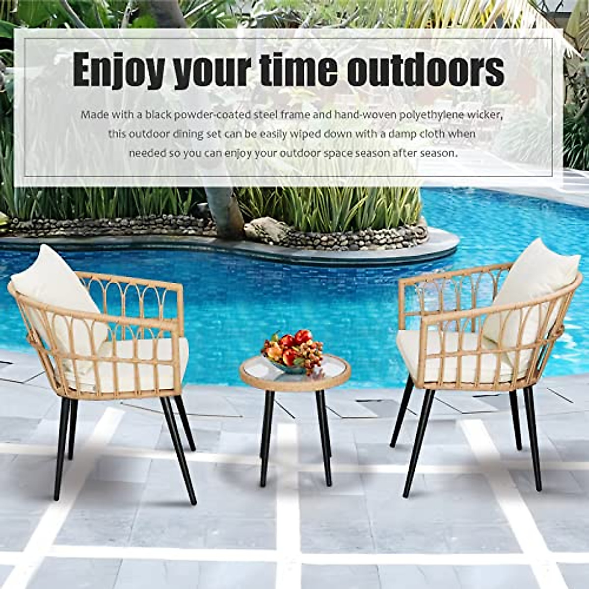 SoarFlash 3 Pieces Outdoor Wicker Bistro Set Rattan Conversation Set with Coffee Table, Patio Chair Set for Lawn, Garden,Backyard, Beige