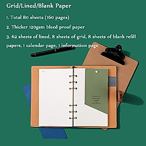 CAGIE A6 Refillable Faux Leather Traveler Notebook Binder Journals 6 Ring Binder Personal Organizer Travel Diary for Women Men Lined Grid Blank Paper with Calendar Light Khaki