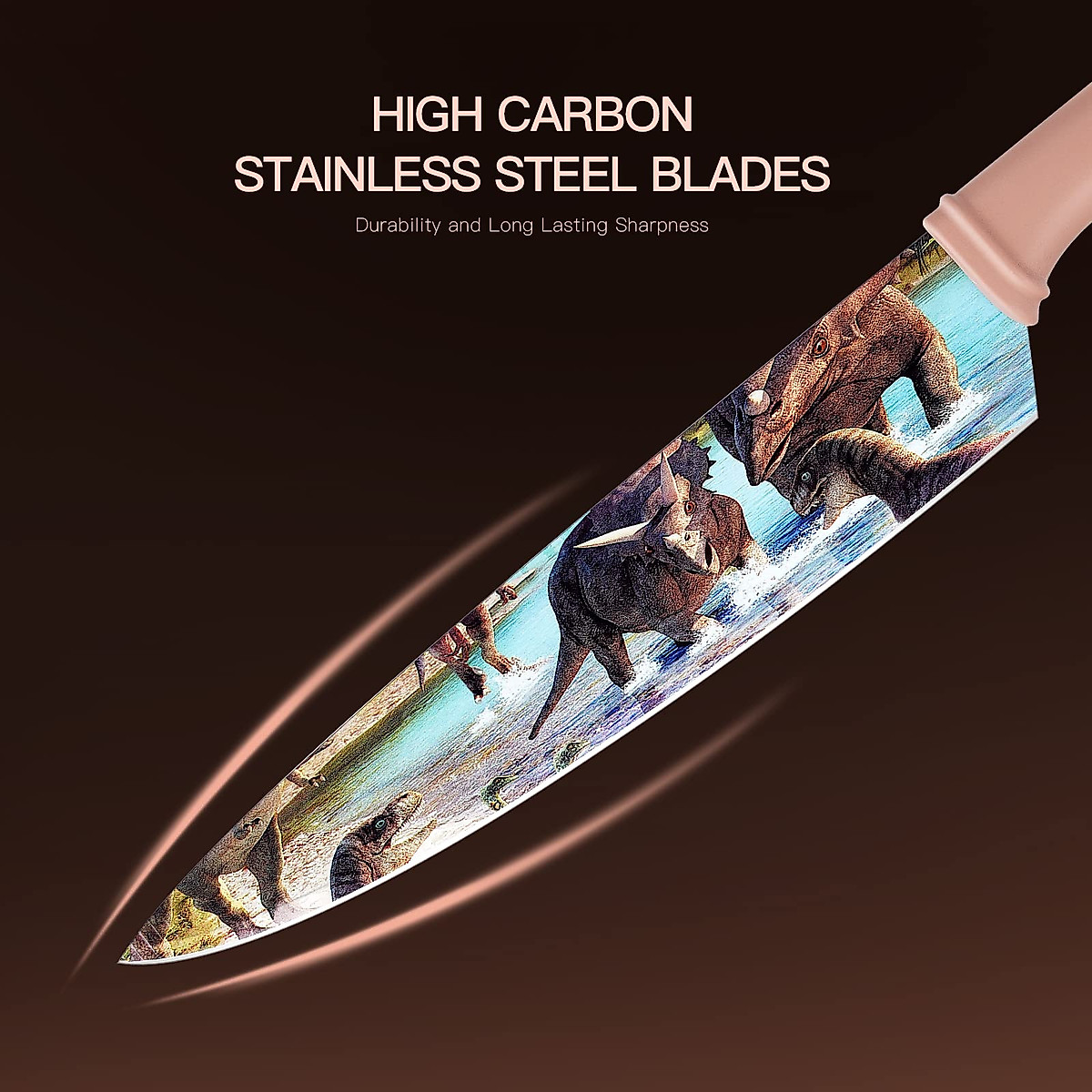 G.a HOMEFAVOR Knife Set, Chef Knives with Dinosaur Pattern, 5-piece Kitchen Knife Set Nonstick Coated with 5 Blade Guard, Gift Box Perfect as a Christmas gift