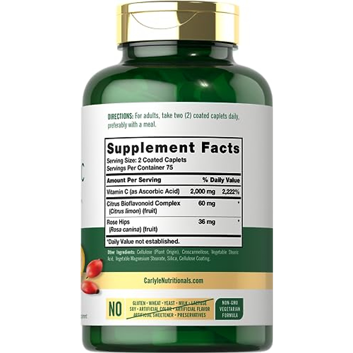 Vitamin C 2000mg | with Rose Hips | 150 Caplets | Vegetarian, Non-GMO, Gluten Free Supplement | by Carlyle