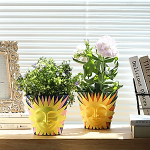 GUGUGO Sun Face Planters Pots Head Unique Head Planter with Drainage, Cute Flower Plant Pot for Indoor & Outdoor Plants, Funny Succulent Gardening Pots for Plant Lover Gifts (Green Back,5.5Inch)