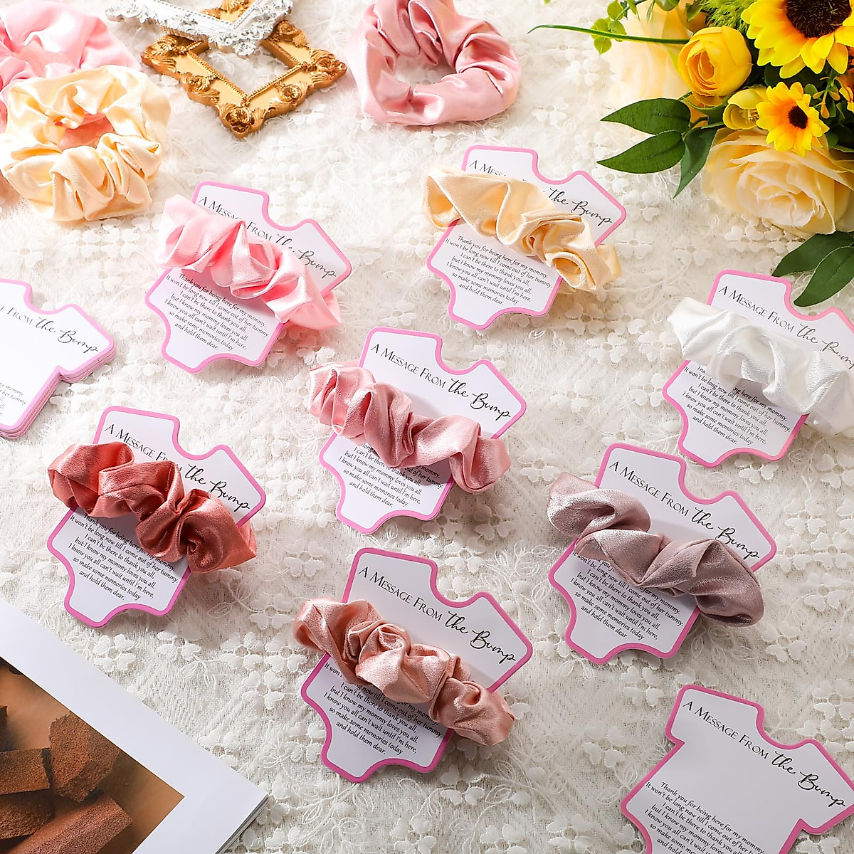 Yinkin 24 Sets Baby Girl Shower Favors 24 Pink Hair Ties Pink Scrunchies 24 Baby Shower Thank You Cards a Message from the Bump Baby Shower Sign Pink Baby Shower Party Favor for Guest Gender Reveal