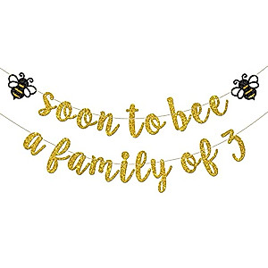 INNORU Soon to Bee a Family of Three Banner, Bumble Bee Theme Baby Shower Party Decorations, Mommy to Bee Daddy to Bee Party, Bee Pregnant Annountanct Party Decorations, Gold Glitter