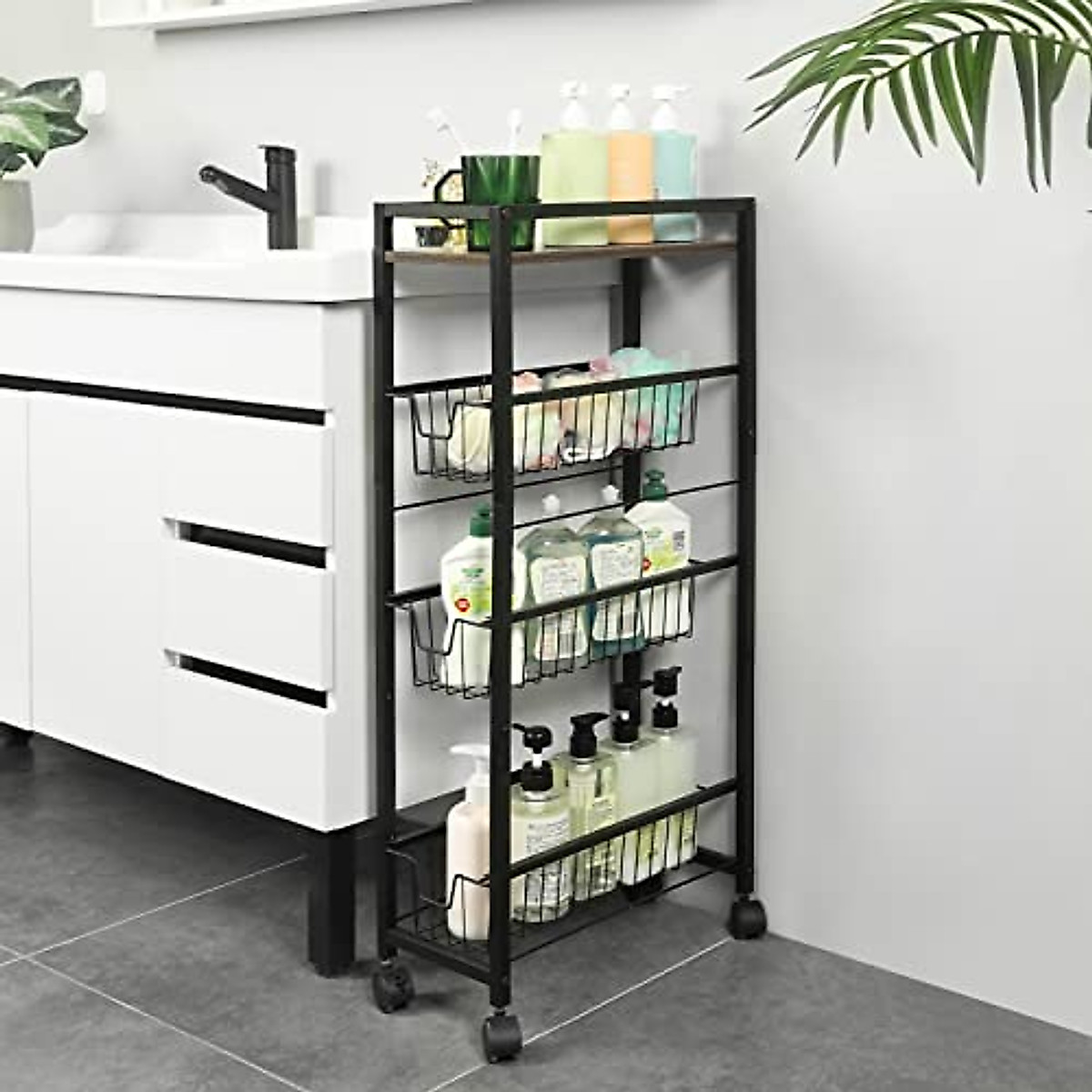4-Tier Slim Storage Cart with Wheels,Rolling Utility Cart with Slide-Out Wire Baskets & Wooden Tabletop,Mobile Shelving Unit Storage Organizer,Narrow Rolling Storage for Kitchen Bathroom Laundry Room