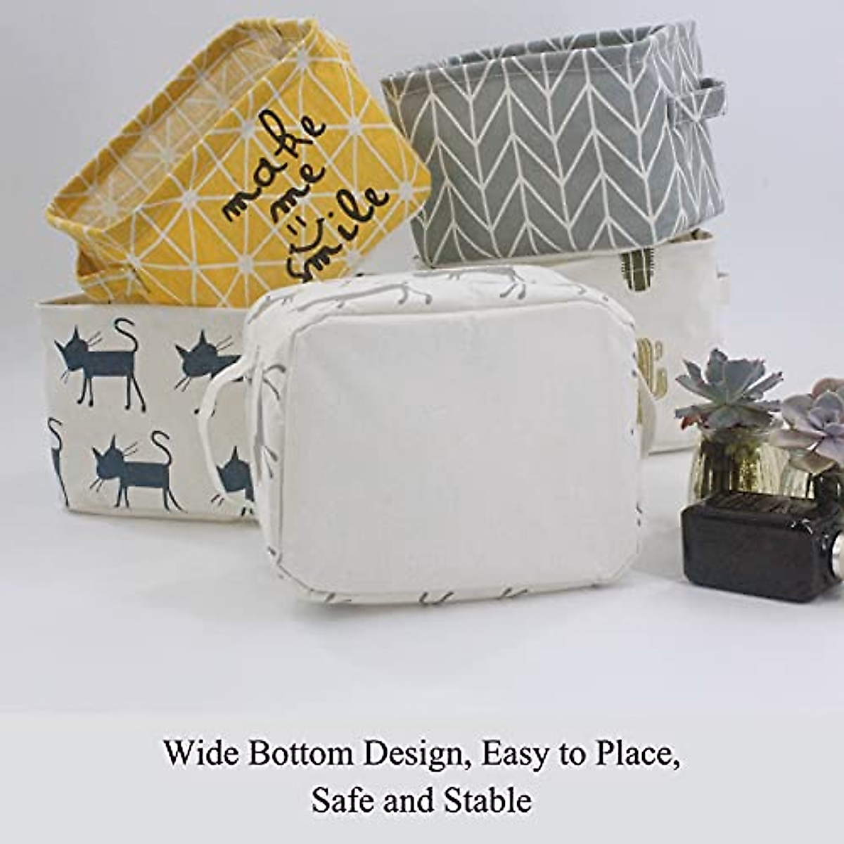 Mziart Small Foldable Canvas Storage Basket with Handles, Cotton Linen Storage Bin Organizer for Nursery Kids Shelves & Desks (Grey Cat)