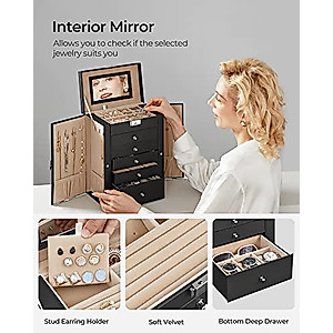 SONGMICS 6 Tier Jewelry Box, Jewelry Case with 5 Drawers, Large Storage Capacity, with Mirror, Lockable, Jewelry Storage Organizer, Gift for Loved Ones, For Watches, Black UJBC152B01
