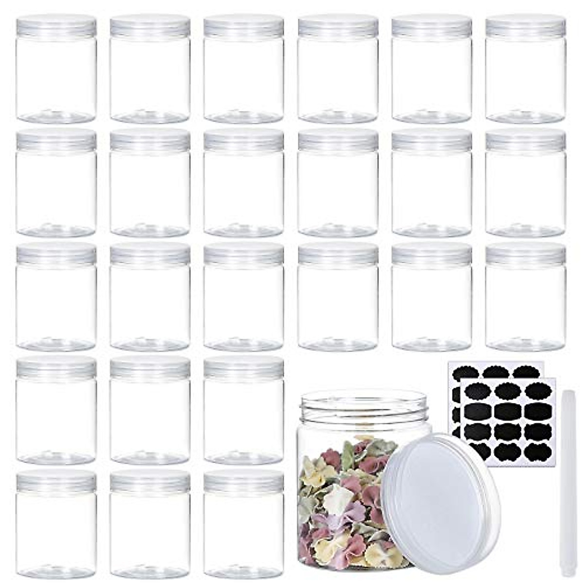 Yephets 8 OZ Plastic Jars with Lids,24 Pack Clear Plastic Slime Containers for Kitchen and Household Food Storage of Dry Goods, Creams and More Included Extra Label and A Pen