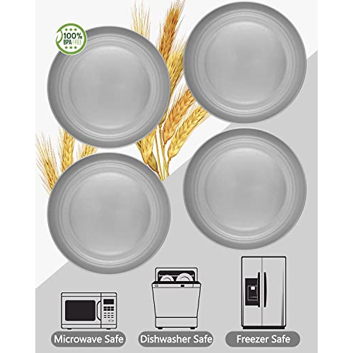 KITWILD Wheat Straw Plates, Unbreakable Dinner Plates, Lightweight Plastic Plates Reusable Plates Set, BPA free, Dishwasher & Microwave Safe, Perfect for Dinner Dishes (4 Pack, Gray)