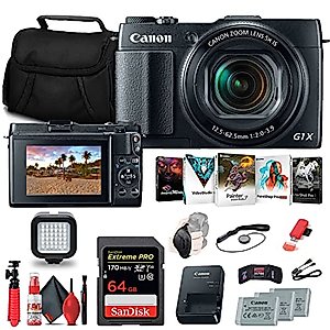 Canon PowerShot G1 X Mark II Digital Camera (9167B001) + 64GB Card + 2 x NB13L Battery + Charger + Card Reader + LED Light + Corel Photo Software + HDMI Cable + Case + Flex Tripod + More (Renewed)
