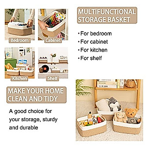 OIAHOMY 12.8x9x5.5in Woven Baskets for Storage, Storage Baskets for Shelves, Cotton Rope basket set of 3, Decorative Storage Baskets, Rectangle Basket With Handles, Brown and White