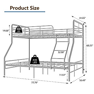 Bunk Bed Twin Over Full, Heavy Duty Metal Bunk Bed Frame with Guard Rail & Flat Ladder Stairs, Space-Saving, No Box Spring Needed (Silver)