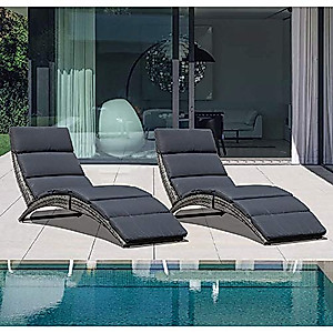 JOIVI Patio Chaise Lounge, Outdoor Lounge Chair, PE Rattan Foldable Chaise Lounger with Removable Dark Gray Cushion, Suitable for Poolside, Garden, Balcony 2 Pack