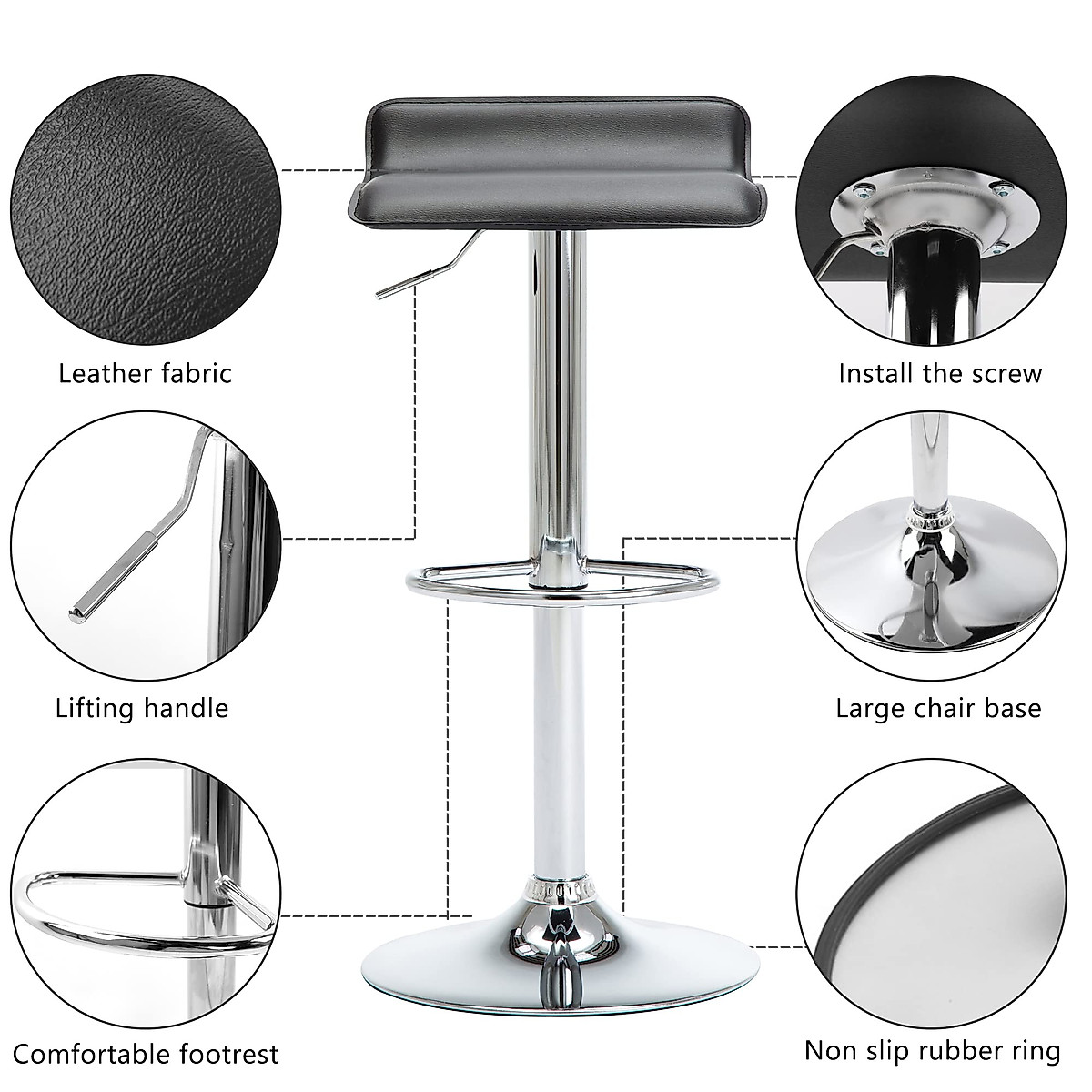 NOBPEINT Contemporary Chrome Air Lift Adjustable Swivel Bar Stool, Set of 2, Black