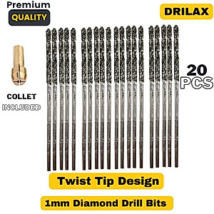 1mm Diamond Bits for Drilling Stone Compatible with Dremel Collet Included Drill Bit Set Twist Tip Design Jewelry Sea Glass Beach Shell Gemstone 20 Pieces Set